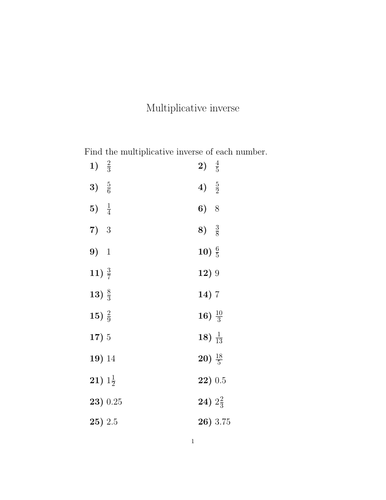 Multiplicative inverse worksheet (with solutions) | Teaching Resources