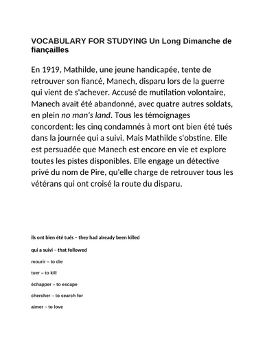 Un Long Dimanche de fiançailles revision sheet; essential vocabulary ...