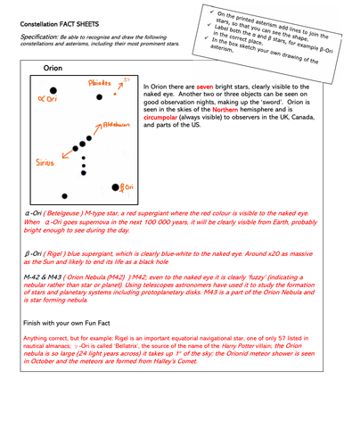 Astronomy GCSE Constellation Fact File Orion | Teaching Resources