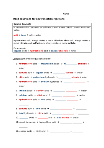 Word equations for neutralisation reactions - Color-coded worksheet ...
