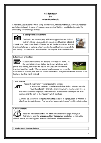 H is for Hawk: Workbook with answers | Teaching Resources