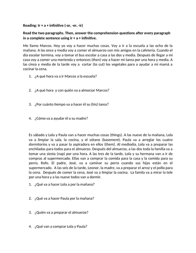 Reading ir a infinitive | Teaching Resources