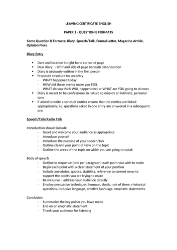 Leaving Certificate English Question B Formats | Teaching Resources