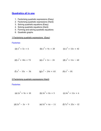 Quadratics all in one! | Teaching Resources