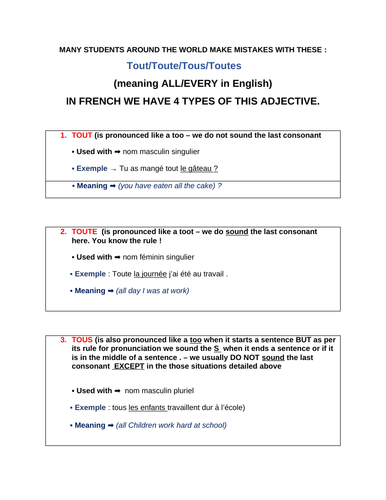 French adjectives TOUT, TOUS, TOUTE, TOUTES | Teaching Resources