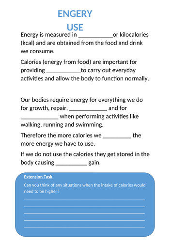 Energy Use GCSE PE AQA | Teaching Resources