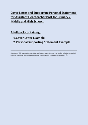 ASSISTANT HEADTEACHER: SUPPORTING STATEMENT PACK | Teaching Resources