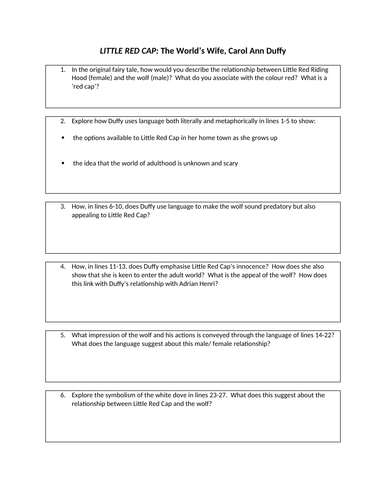 Little Red Cap by Carol Ann Duffy: 12 questions with answers | Teaching ...