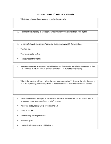 Medusa by Carol Ann Duffy: 12 questions with answers | Teaching Resources