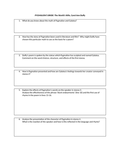 Pygmalion's Bride by Carol Ann Duffy: 12 questions with answers ...