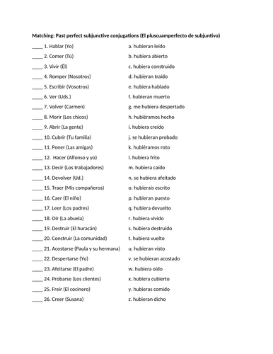 Past perfect subjunctive matching practice | Teaching Resources