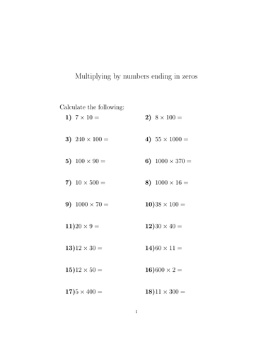Multiplying by numbers ending in zeros worksheet no 2 (with solutions ...