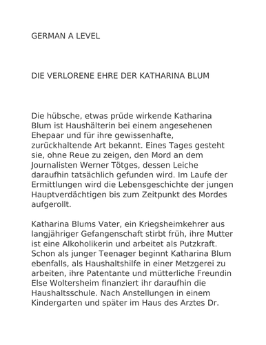 GERMAN A LEVEL a synopsis in German of the beginning of DIE VERLORENE ...