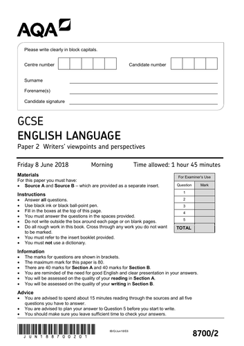 GCSE AQA PAPER 2 PRACTICE - June 2018 Paper Surfing - 'Morning Glass ...