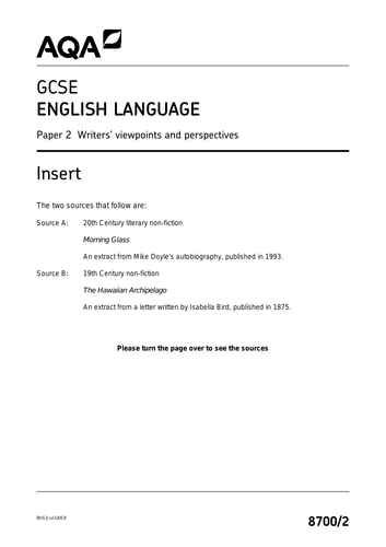 GCSE AQA PAPER 2 PRACTICE - June 2018 Paper Surfing - 'Morning Glass ...