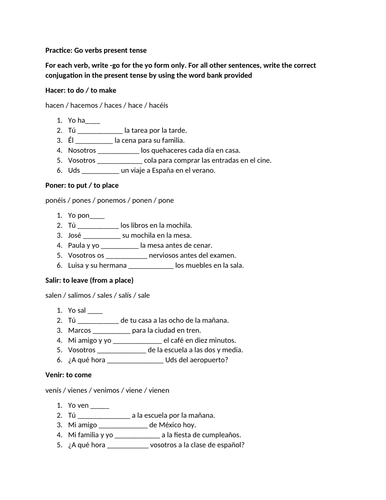 Go verbs spanish practice worksheet | Teaching Resources