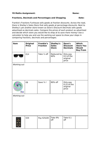 Fractions, Decimals and Percentages and Shopping | Teaching Resources