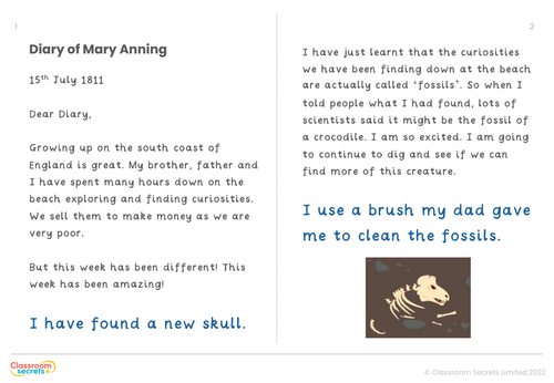 Year 1 Reading Skills - The Diary of Mary Anning | Teaching Resources