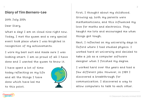 Year 2 Reading Skills - Diary of Tim Berners-Lee | Teaching Resources