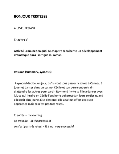 A LEVEL FRENCH BONJOUR TRISTESSE summary of chapter 5 in French with ...