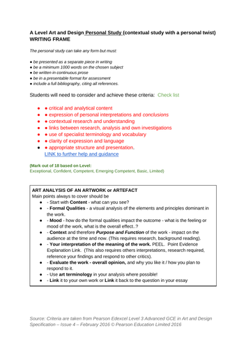 Personal Study A Level Art Writing Frame and Assessment dialogue sheet ...