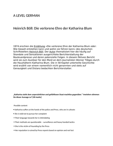 A LEVEL GERMAN DIE VERLORENE EHRE DER KATHARINA BLUM essay plan ...