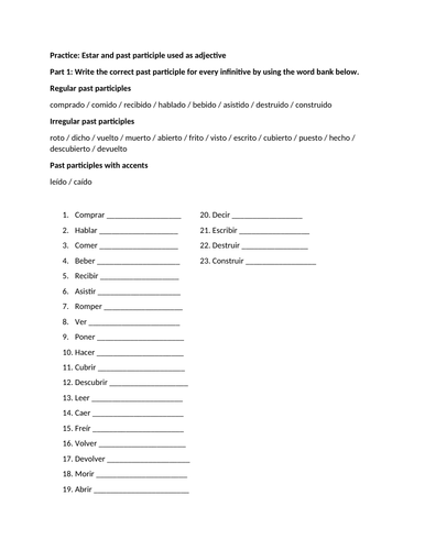 Practice estar and past participle as adjective | Teaching Resources