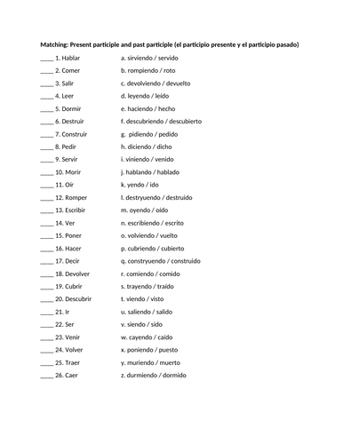 Present participle and past participle matching practice Spanish ...