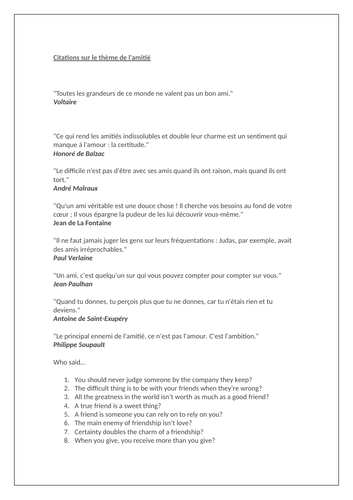 Amitié / Friendship | Teaching Resources