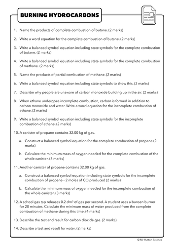 7.3 Burning Hydrocarbons, AQA GCSE Chemistry | Teaching Resources