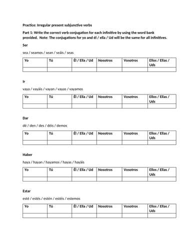 Irregular present subjunctive verbs practice | Teaching Resources