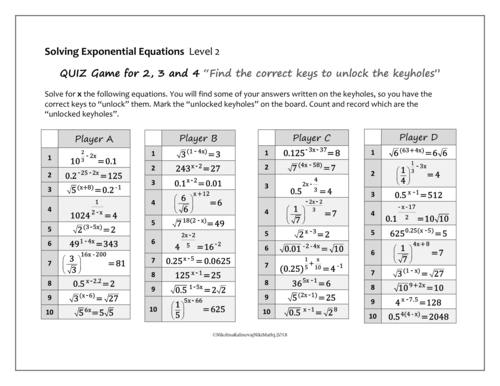 Exponential Equations (Level 2) - Group Activity (40 equations ...