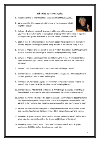 Still I Rise, Maya Angelou: 14 questions with answers | Teaching Resources