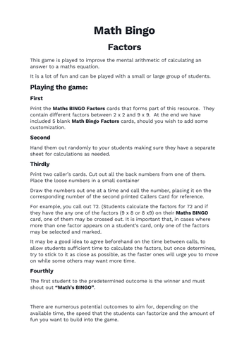 Maths BINGO - Factorization | Teaching Resources