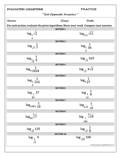 Evaluating Logarithms - Partner Activity "Get Opposite Answers ...