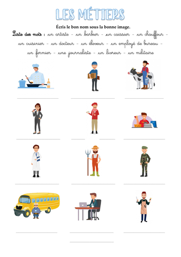French (1st, 2nd grade, A1) - I choose and copy the right word: Jobs ...