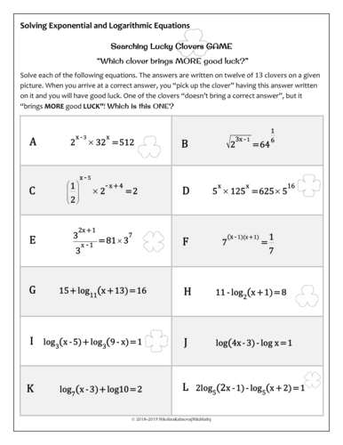 Solving Exponential & Logarithmic Equations - Lucky Clovers Matching ...