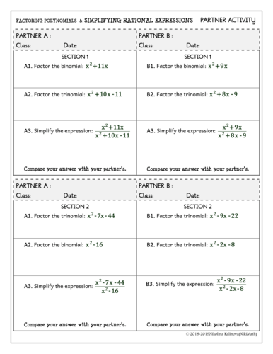 Simplifying Rational Expressions - Partner Activity "Get the Same ...