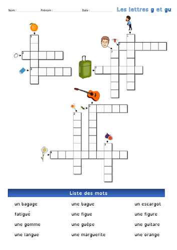 [French, basics 1st & 2nd grade] Crossword puzzles - Letters G and GU ...