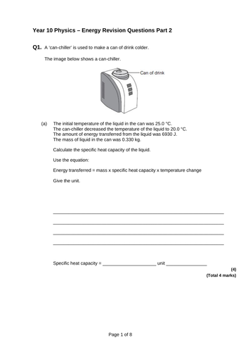 Year 10 Physics Energy Exam Questions | Teaching Resources