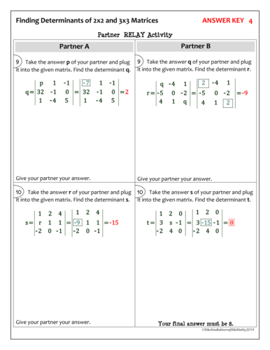 Finding Determinants of 2x2 and 3x3 Matrices - Partner Relay Activity ...