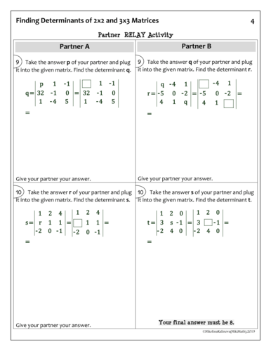 Finding Determinants of 2x2 and 3x3 Matrices - Partner Relay Activity ...