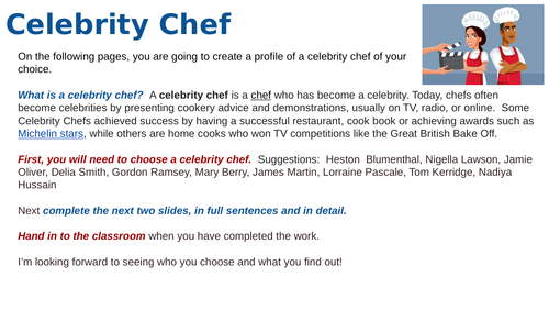 Food Cover Lesson. 1 hour. Celebrity Chef Research and Menu Design Task ...
