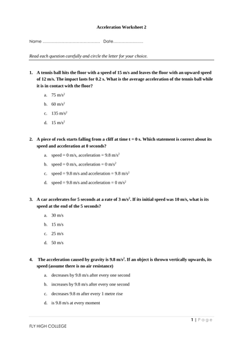 ACCELERATION WORKSHEET 2 | Teaching Resources