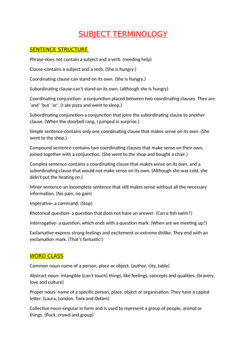 Subject Terminology Language and Literary Devices Booklet | Teaching ...