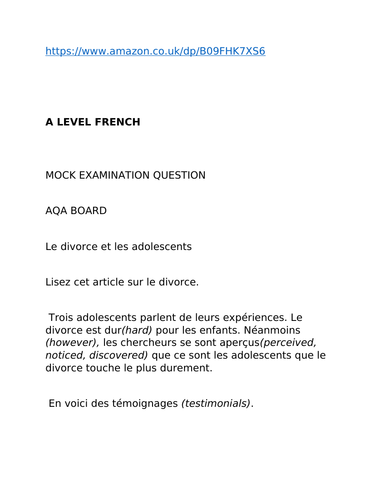 A* A LEVEL FRENCH revision sheet mock examination question (vocabulary ...