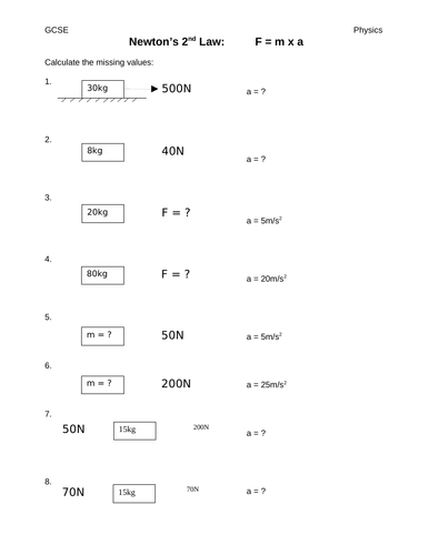 F=ma Newton's 2nd Law - Question sheet | Teaching Resources