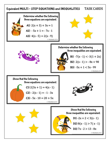 Multi-Step Equations & Inequalities - Task Cards (3 prob per card ...