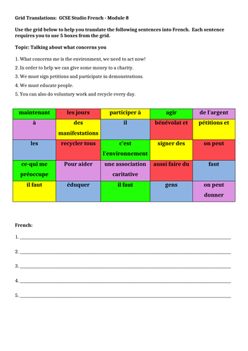 GCSE Studio French Module 8 Grid Translations | Teaching Resources