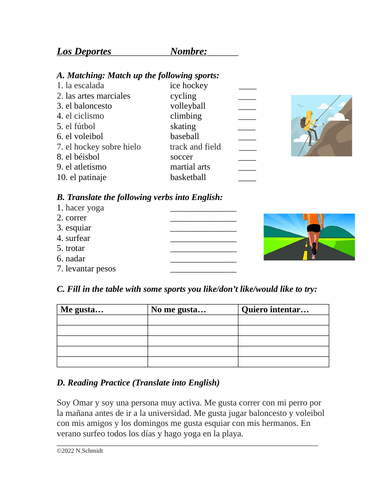 Spanish Sports Vocabulary Worksheet: Los Deportes | Teaching Resources